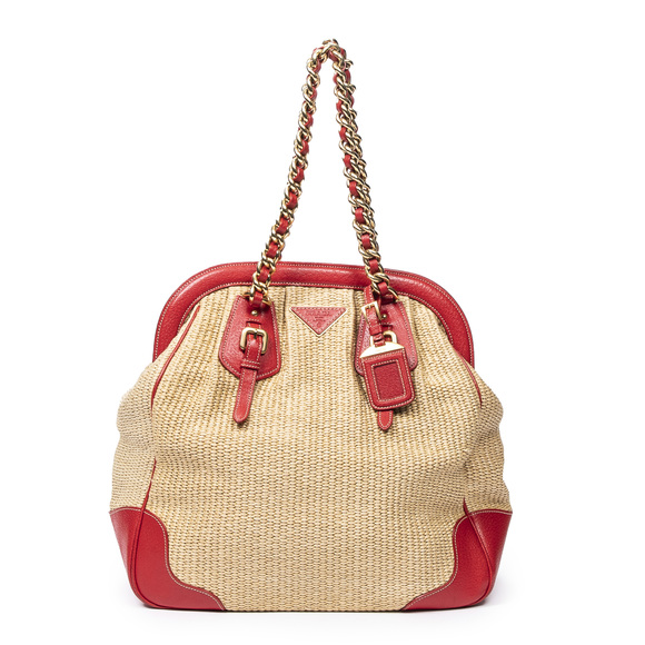 Prada | Bags | Prada Chain Tote In Beigered Wooven Raffia Canvas | Poshmark